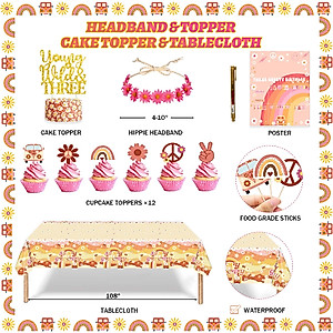 122 PCs Young Wild and Three Decorations Girl, Fiesec Groovy Boho Daisy Hippie 3rd Birthday Party Decorations Backdrop Balloon Garland Banner Tablecloth Cake Cupcake Topper Headband Poster Retro Pink