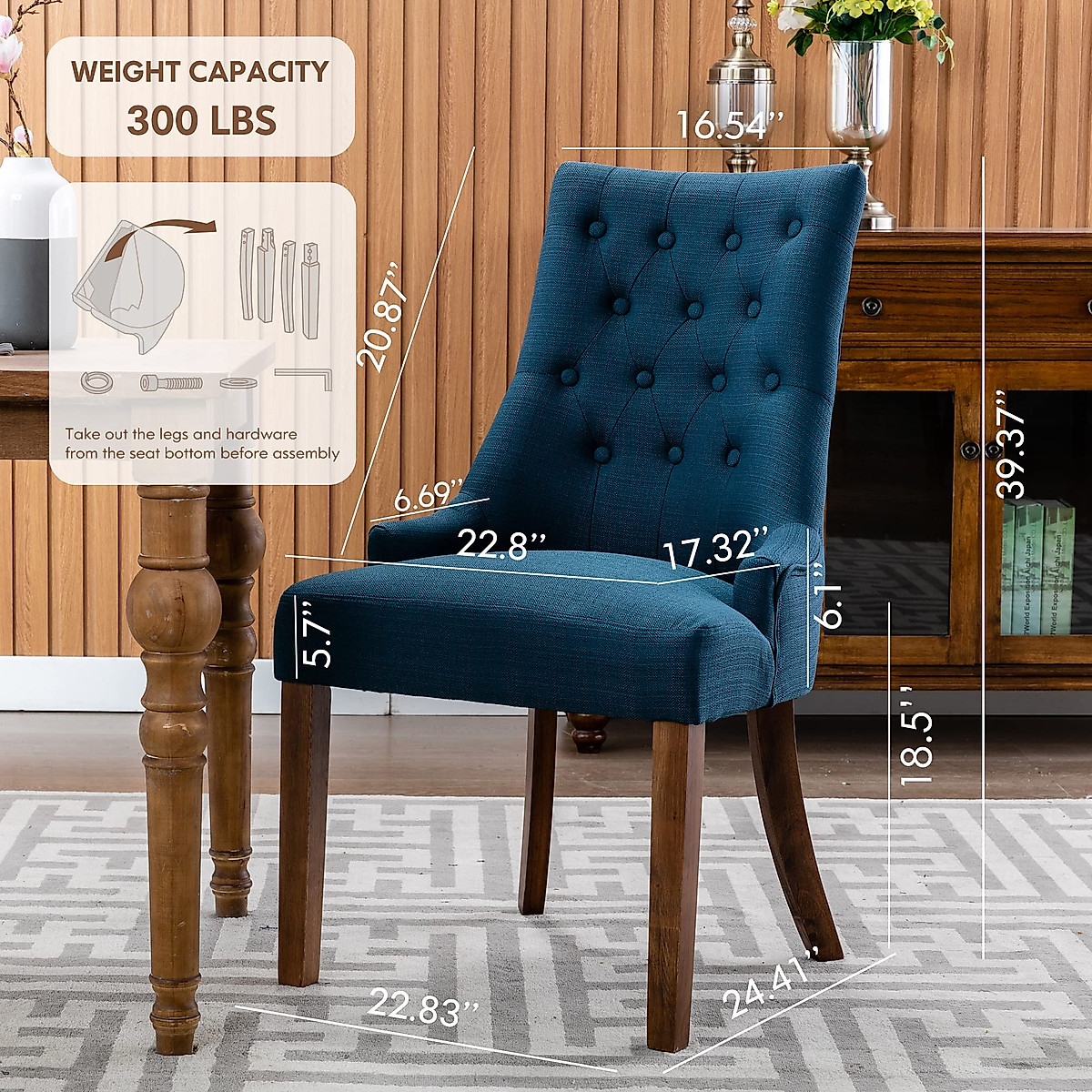 COLAMY Wingback Upholstered Dining Chairs Set of 6, Fabric Side Dining Room Chairs with Tufted Button, Living Room Chairs for Home Kitchen- Dark Blue