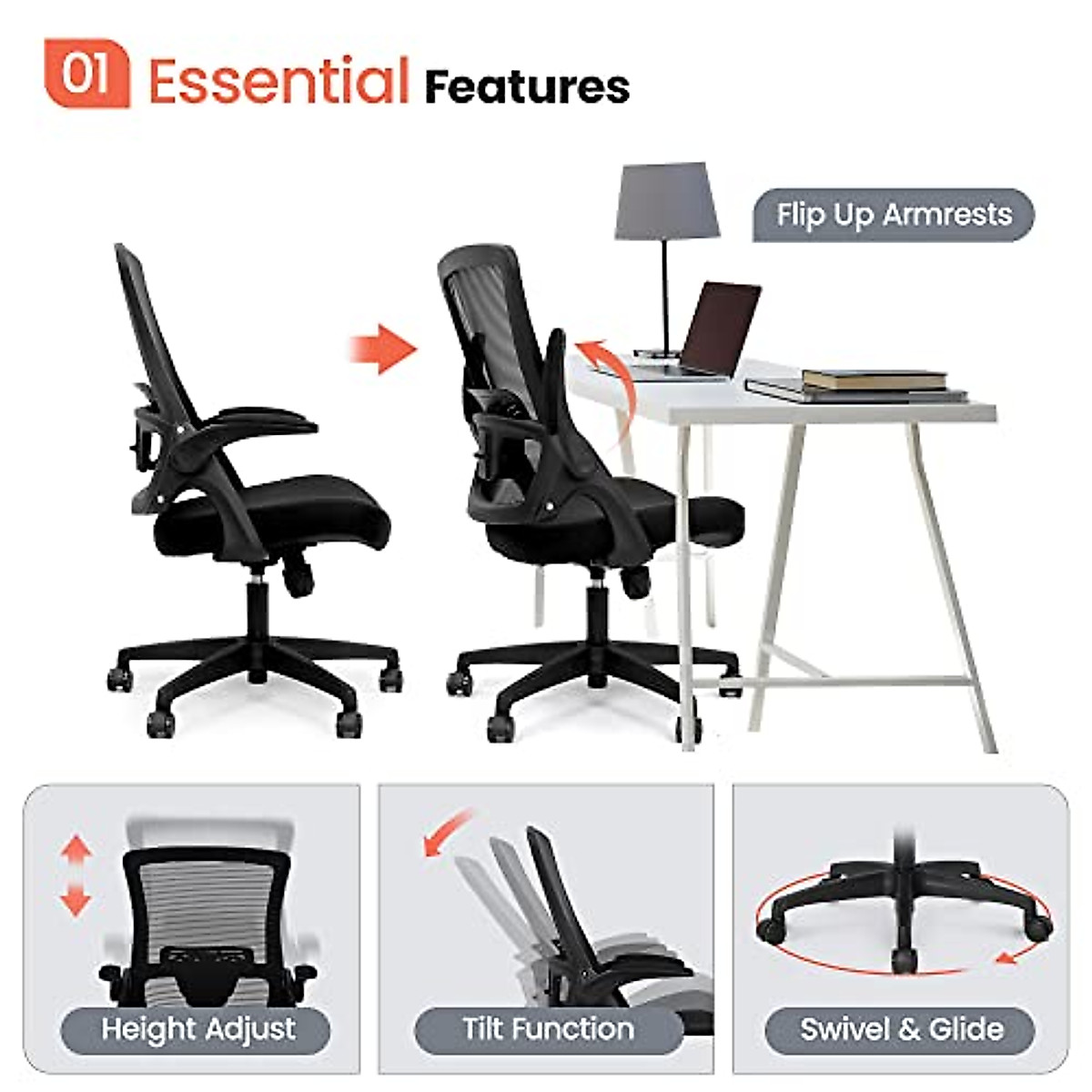 neo chair High Back Mesh Chair Adjustable Height and Ergonomic Design Home Office Computer Desk Chair Executive Lumbar Support Padded Flip-up Armrest Swivel Chair (Black)
