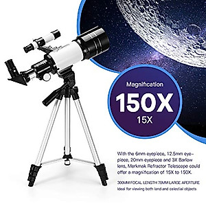 Merkmak Telescopes for Adults Astronomy, Telescope 70mm Aperture 300mm AZ Mount Refractor Telescope for Kids Beginners (15X-150X) - Telescope with Adjustable Tripod, Phone Adapter and Backpack