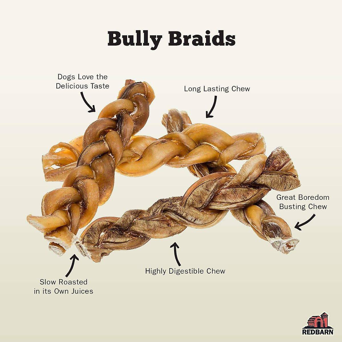 Redbarn 9" Braided Bully Sticks for Dogs. Natural, Grain-Free, Highly Palatable, Long-Lasting Dental Chews Sourced from Free-Range, Grass-Fed Cattle (3 Sticks)