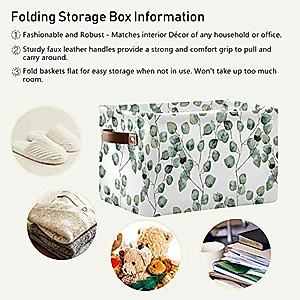 Oyihfvs Watercolor Eucalyptus Round Leaves Branches Seamless Square Shelves Storage Basket Bin, Waterproof Laundry Hamper Bucket, Baby Nursery Organizer with Handles for Toys Clothes Room Closets