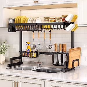 Dish Drying Rack, Over The Sink Dish Drying Rack Length Adjustable (From 33.8" to 41.5"), 2 Tier Large Dish Rack with Cup Holder Utensil Holder Caddy, Kitchen Counter Dish Drainer Organizer, Black