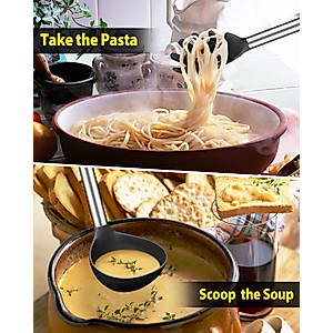 Silicone Pasta Fork and Soup Ladle Set, Non-Stick BPA Free Heat-Resistant Handy Kitchen Utensils for Cooking, Serving, Draining, Stirring (Black)
