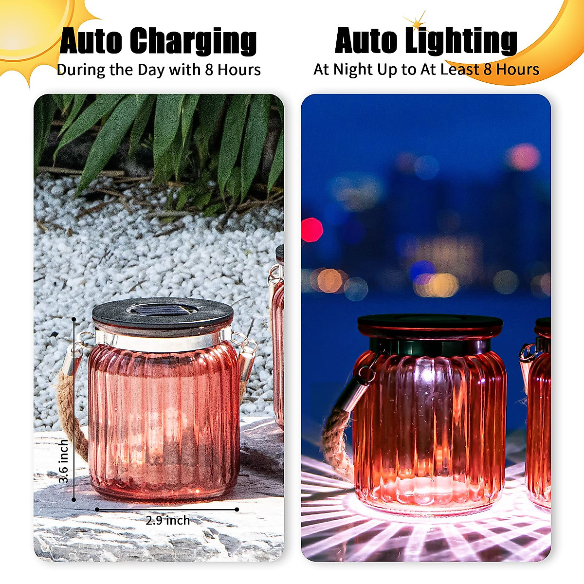 2 Pack Hanging Solar Jar Lanterns - Outdoor Solar Jar Lights Waterproof Decorative LED Lights Red for Patio Yard Garden Party Wedding Decor