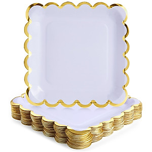 Sparkle and Bash 48 Pack Pastel Purple Paper Plates for Birthday Party Supplies, Scalloped Gold Border, 9 Inches