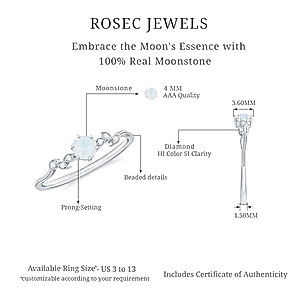 Rosec Jewels Natural Moonstone Promise Ring with Diamond, Certified Moonstone Flower Ring For Women, AAA Quality, Ready For Gift, 14K Yellow Gold, Size:US 5.00