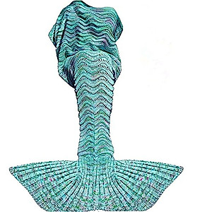 Fu Store Mermaid Tail Blanket Crochet Mermaid Blanket for Women Teens Girls Soft All Seasons Sofa Sleeping Blanket, Cool Birthday Wedding Mother's Day, 71 x 35 Inches, Mint Green