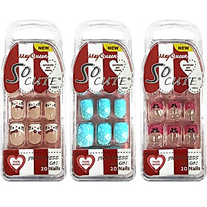 Beautia 3 Pack 60Tips So Cute Junior False Fake Design Nails, Sticker Nail for Kids