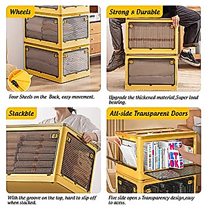 Storage Bins with Lid, Plastic Storage Bins, 5 Side Open Stackable Storage Bins with Wheels, Clear Collapsible Storage Box Containers for Organizing Clothes, Toy, Books, Grocery, Quilt (30 Qt. 1-Pack, Yellow)