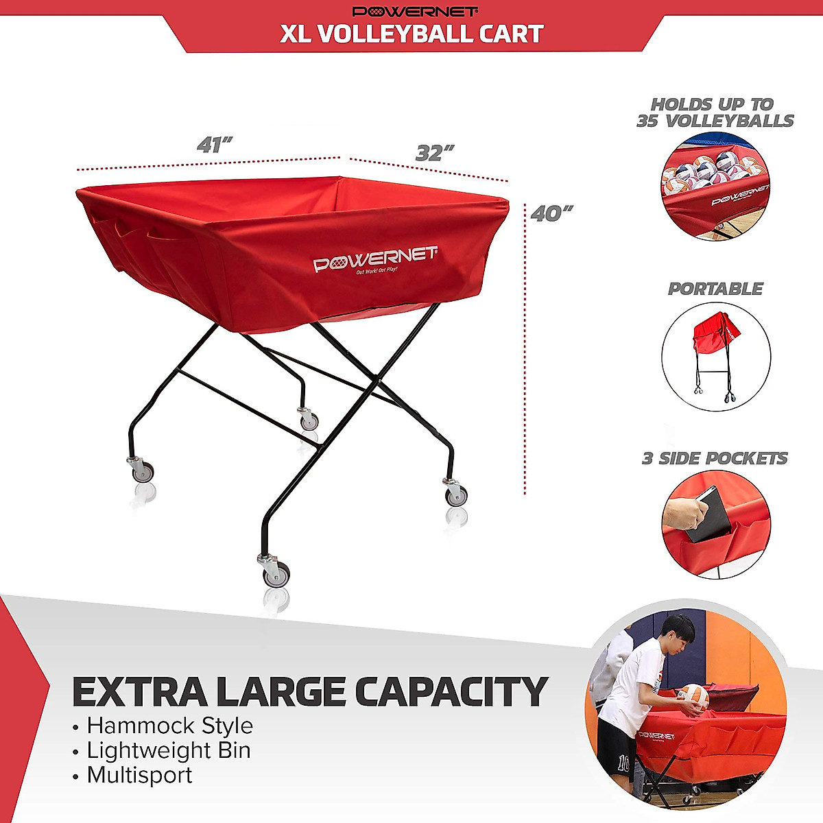 PowerNet XL Volleyball Wheeled Cart, Portable Hammock Ball Cart, Collapsible Rolling Training Equipment Basket, Lightweight Bin, Great for Indoor and Outdoor Use, Multisport