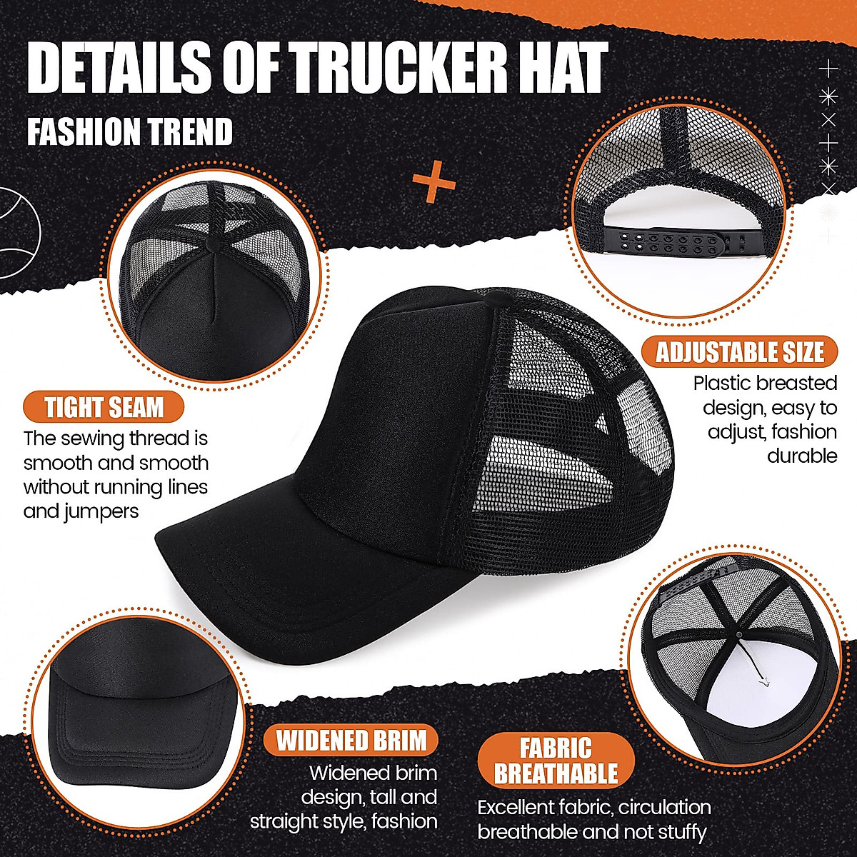 10 Pcs Sublimation Blank Trucker Hats Bulk Mesh Baseball Cap Polyester Mesh Trucker Hat for Men and Women (Black)