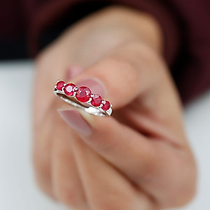 Rosec Jewels Natural Ruby 5 Stone Ring for Women, AAA Quality, Certified Wedding Anniversary Band (Ready to Gift), 14K White Gold, Size:US 7.50