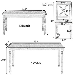 Harper & Bright Designs 6 Pieces Dining Table Set, Kitchen Table Set with Wood Dining Table, Bench and 4 Padded Dining Chairs, Walnut Top+ Light Blue Frame+Beige Seat