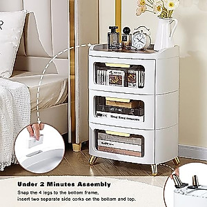 funest Nightstand, 3-Tier Storage End Table, White Bedside with Drawers for Bedroom, Cabinet Stand by Sofa, Plastic Frame/Removable Wood Top Panel/Oval Visual Sideboard