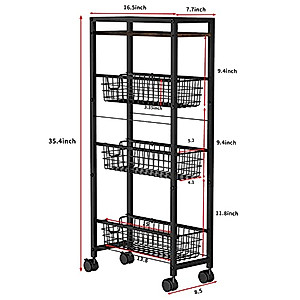 4-Tier Slim Storage Cart with Wheels,Rolling Utility Cart with Slide-Out Wire Baskets & Wooden Tabletop,Mobile Shelving Unit Storage Organizer,Narrow Rolling Storage for Kitchen Bathroom Laundry Room