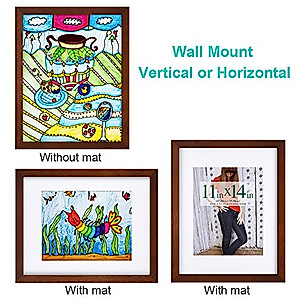RPJC 11x14 Picture Frames Made of Solid Wood and High Definition Glass Display Pictures 8x10 with Mat or 11x14 Without Mat for Wall Mounting Brown