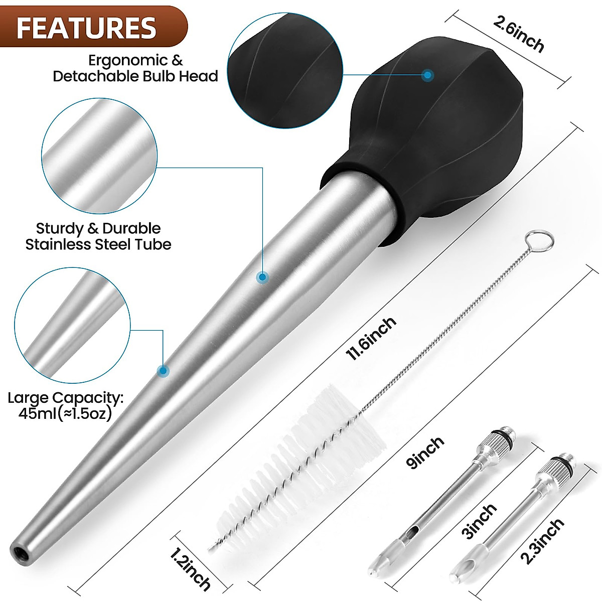 SCHVUBENR Large Turkey Baster with Cleaning Brush & Needle - Stainless Steel Baster Tool for Cooking - Easy to Use and Clean - Heavy Duty Baster Syringe - Flavor Meat Poultry, Beef, Chicken(Black)