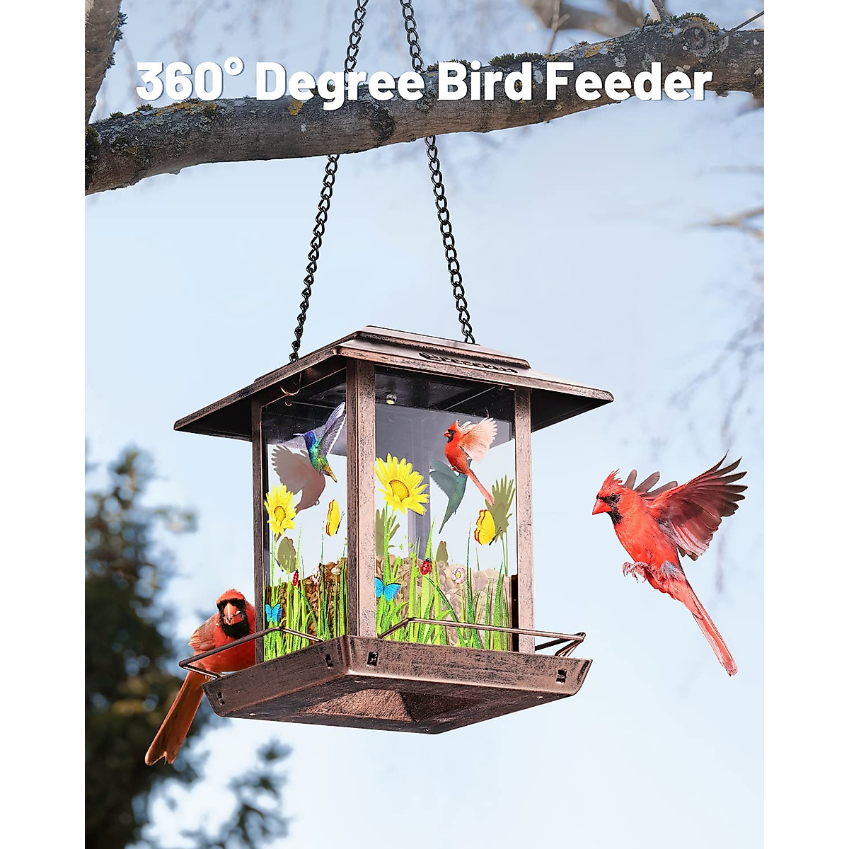 DesGully Bird Feeders for Outdoors Hanging - 2.5 LBs Wild Birds Metal Solar Bird Feeder for Outside Gift Ideas for Bird Lovers Garden Yard Bird Seeds (Chew-Proof,Weather Resistance)