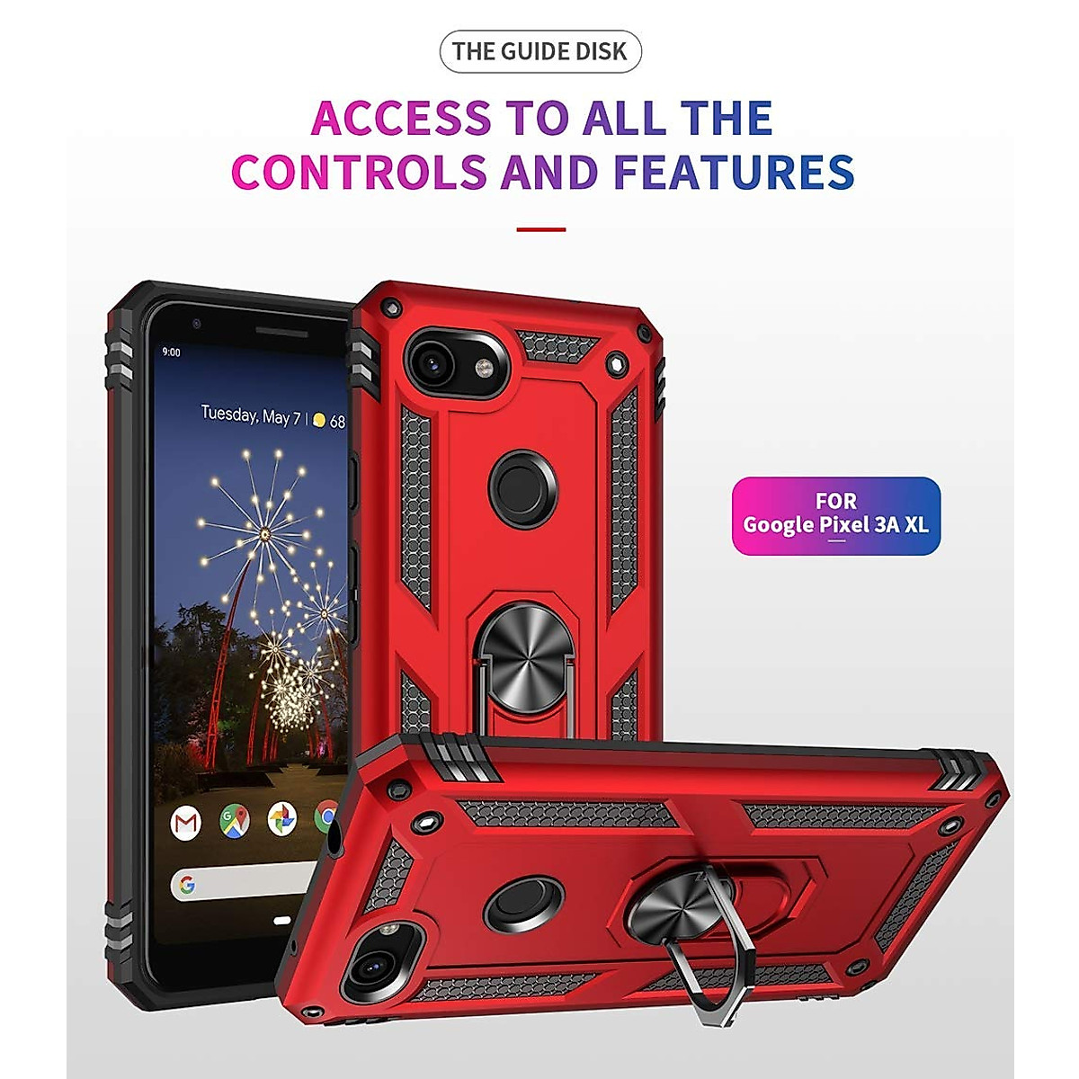 Military Grade Drop Impact for Google Pixel 3A XL Case 360 Metal Rotating Ring Kickstand Holder Magnetic Car Mount Armor Shockproof Case for Google Pixel 3A XL Phone Protection Case (Red)