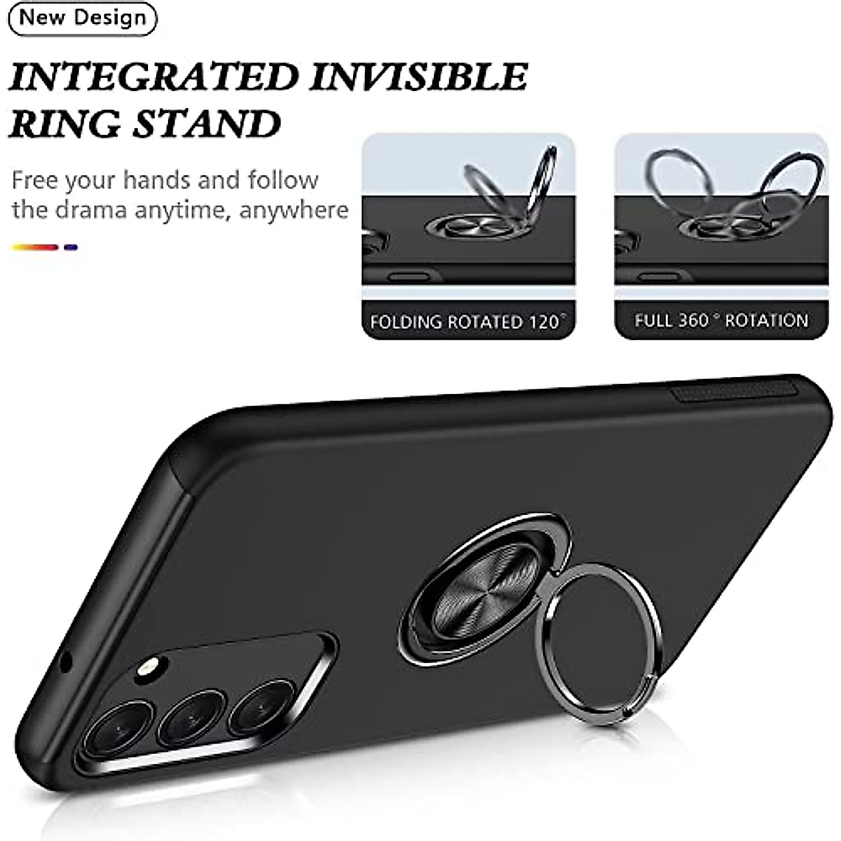 YRMJK S23 Plus Case,Built in 2 Screen Protectors + 2 Camera Lens Protector,Military Grade,3D Full Cover with Kickstand Ring Case for Samsung Galaxy S23 Plus 5G Black