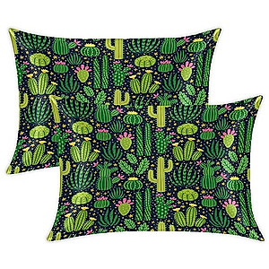 Cactus Print Satin Pillow Cases Silk Satin Pillowcase for Hair and Skin Standard Set of 2 Super Soft Silk Pillowcase with Envelope Closure (20x26 in)