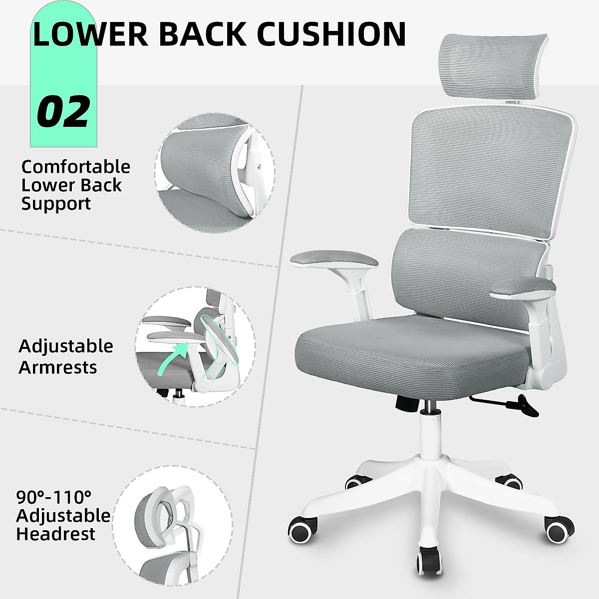 Ergonomic Office Chair Lumbar Support, High Back Office Chair with Adjustable Headrest and Arms, Mesh Computer Desk Chair Tilt Function, Swivel Task Chair 300lbs for Home Office, Grey