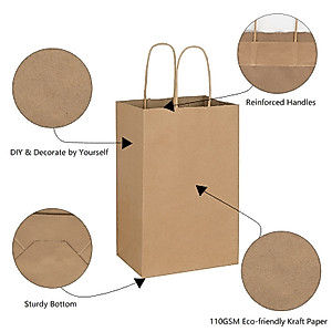 Toovip 100 Pack 5.25x3.25x8.25 Inch Small Plain Brown Kraft Paper Bags with Handles Bulk, Gift Bags for Favor Grocery Retail Party Birthday Shopping Business Goody Craft Merchandise Take Out Sacks