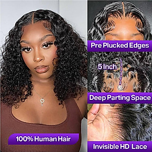 omswet Glueless Curly Wigs Human Hair Pre Plucked Curly BOB Wig Human Hair 5x5 HD Lace Closure Wigs Human Hair Wigs for Women Black Deep Wave Pre Plucked Lace Wig Wear and Go 180 Density 14 inch