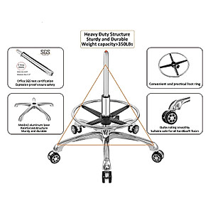 Nazalus Rolling Stool Adjustable Drafting Chair Heavy Duty with Wheels for Office Home Desk Chair Big Size (with Foot Ring, Black)