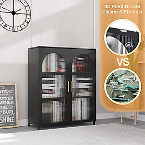 OSEILLC Metal Sideboard Buffet Cabinet with Tempered Glass Doors, Accent Cabinet with Adjustable Shelves, Credenza Cupboard Console Table for Kitchen, Living Room, Dining Room, Bedroom, Hallway