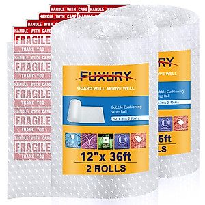 2-Pack Bubble Cushion Wrap Roll, Fuxury 12 Inch x 72 Feet Total Air Bubble Cushioning Wrap, Perforated Every 12", Included 20 Fragile Sticker Labels for Packaging Moving Shipping Boxes Supplies