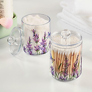 ALAZA Purple Toothbrush Holder 2 Pack Qtip Holder Dispenser for Cotton Ball Lavender Flower Purple Cotton Swab Round Pads Clear Plastic Acrylic Jar Set Bathroom Canister