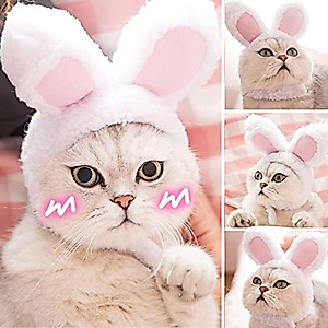 Cat Hat Costumes Cute Bunny Rabbit Caps with Ears for Cats Small Dogs Easter Pet Accessory Headwear for Puppy Kitten Birthday Halloween Christmas Party Funny Doggy Cosplay Outfit (White-Pink)