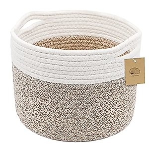 Small Rope Basket small Round Woven Basket With Handle 9.5x9.5x7.1 in Cute Cotton Basket Nursery Shelf Small Storage Basket Stitching Brown Beige Mixed Design Style 8.2L