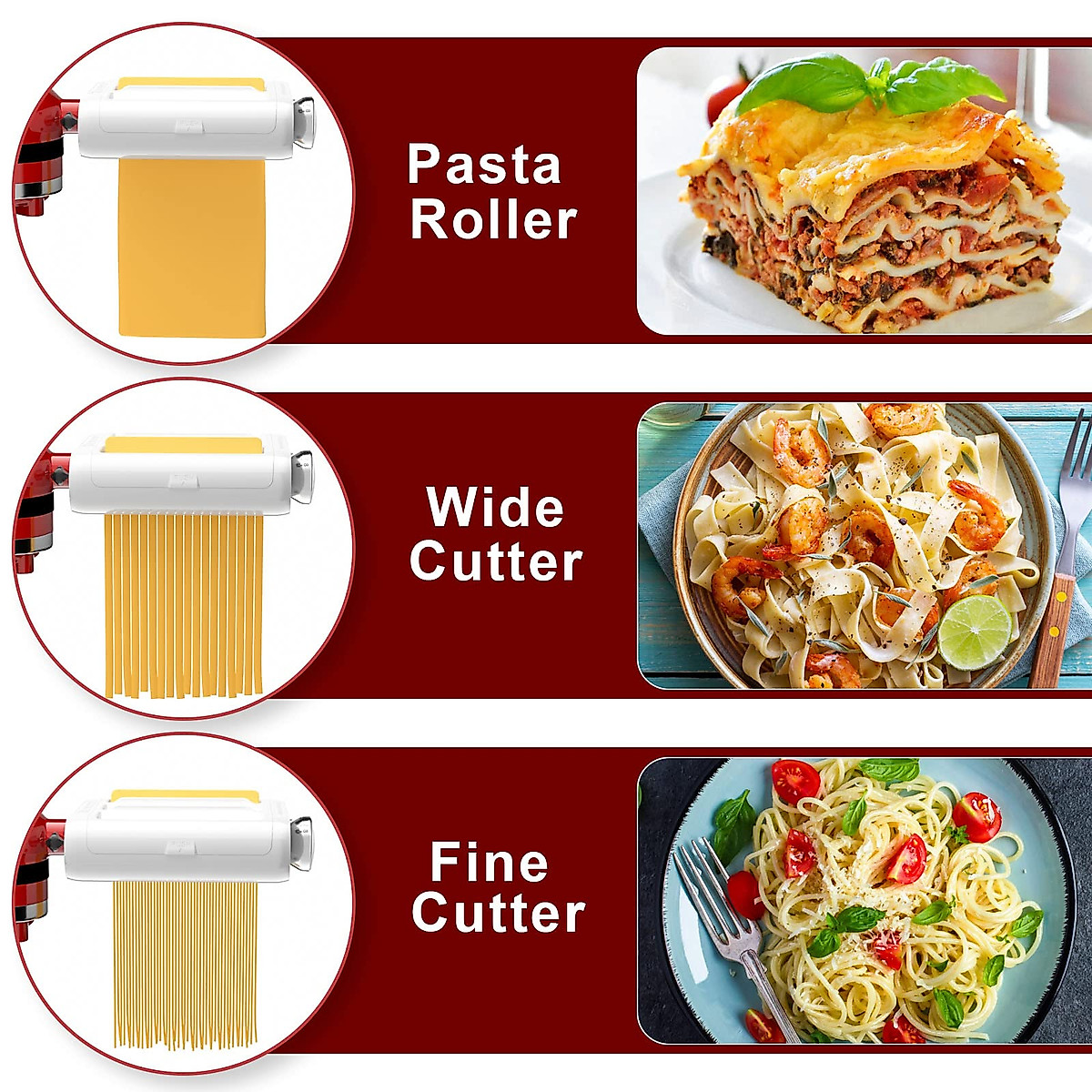 Pasta Maker 3-in-1 Attachment for KitchenAid Stand Mixers, Including Fettuccine and Spaghetti Cutter, Pasta Sheet Roller, Pasta Maker Accessories and Cleaning Brush