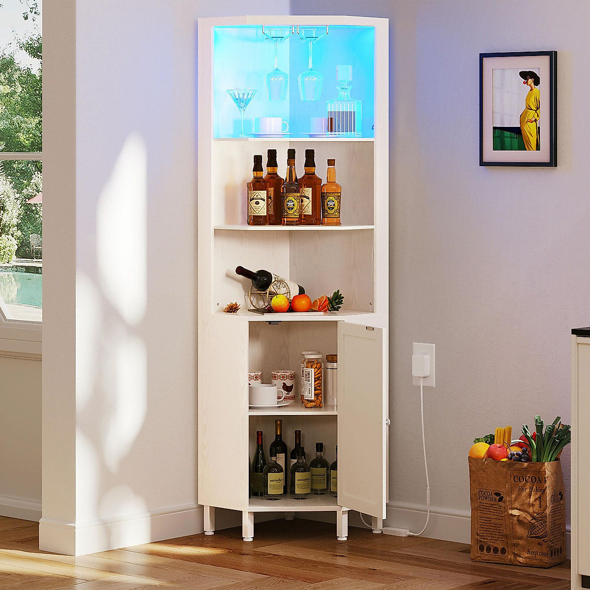 YITAHOME Corner Bar Cabinet with LED Lights & Glass Holder, 5 Tier Corner Shelf with Storage, Wine Rack Cabinet Display Shelves for Living Room, Dining Room, Kitchen, White