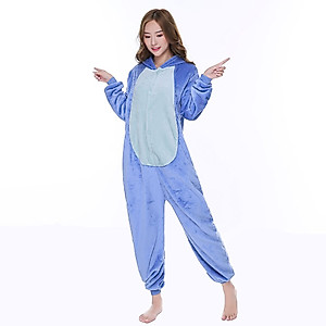 Canday Stitch Jumpsuits Cartoon Unisex Pajamas Onesies Adult Soft Cosplay Halloween Sleepwear Teens Costume (Blue, Medium)