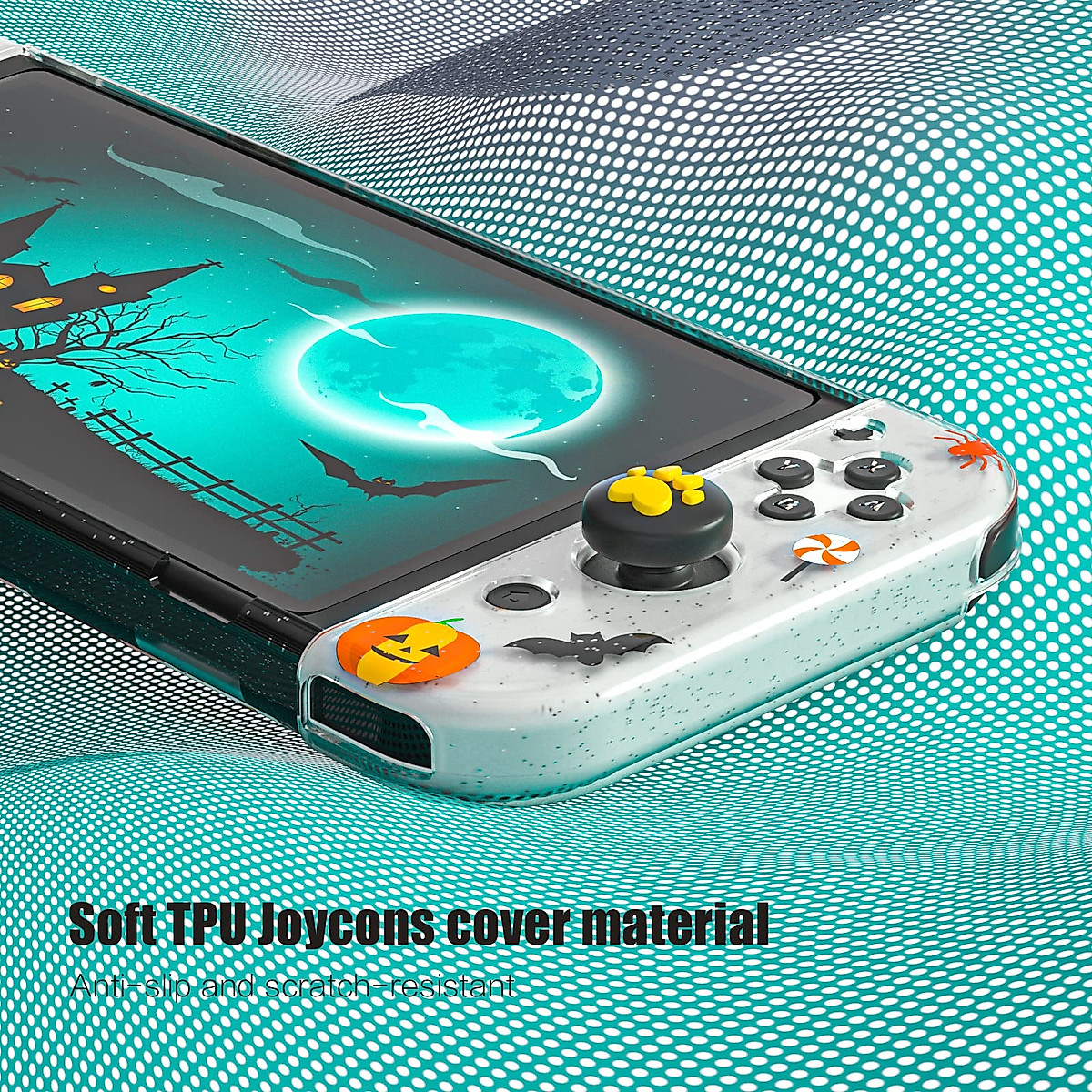 Halloween Decoration Switch OLED Case, Switch OLED Protective Case with TPU Joycon Covers and Glass Screen Protector and Thumb Grip Caps