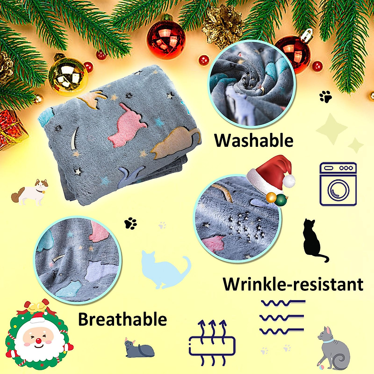 Best Gift Christmas Glow in The Dark Cute Cat Throw Blanket with Storage Bag, Soft Throw Blanket for Girls Boys, Birthday Gifts, Girls Blanket Kids Blanket,Day Care Home Travel Use,50"x60" Grey