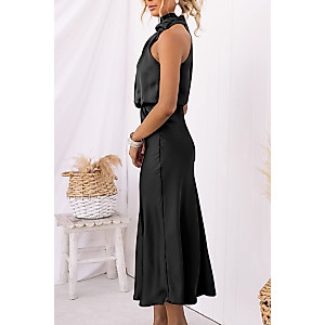 Womens Summer Satin Dress Elegant Formal Dress Sleeveless Ruched Wrap Long Dress Irregular Hanging Neck Dresses for Ladies Cocktail Party Date Night Black