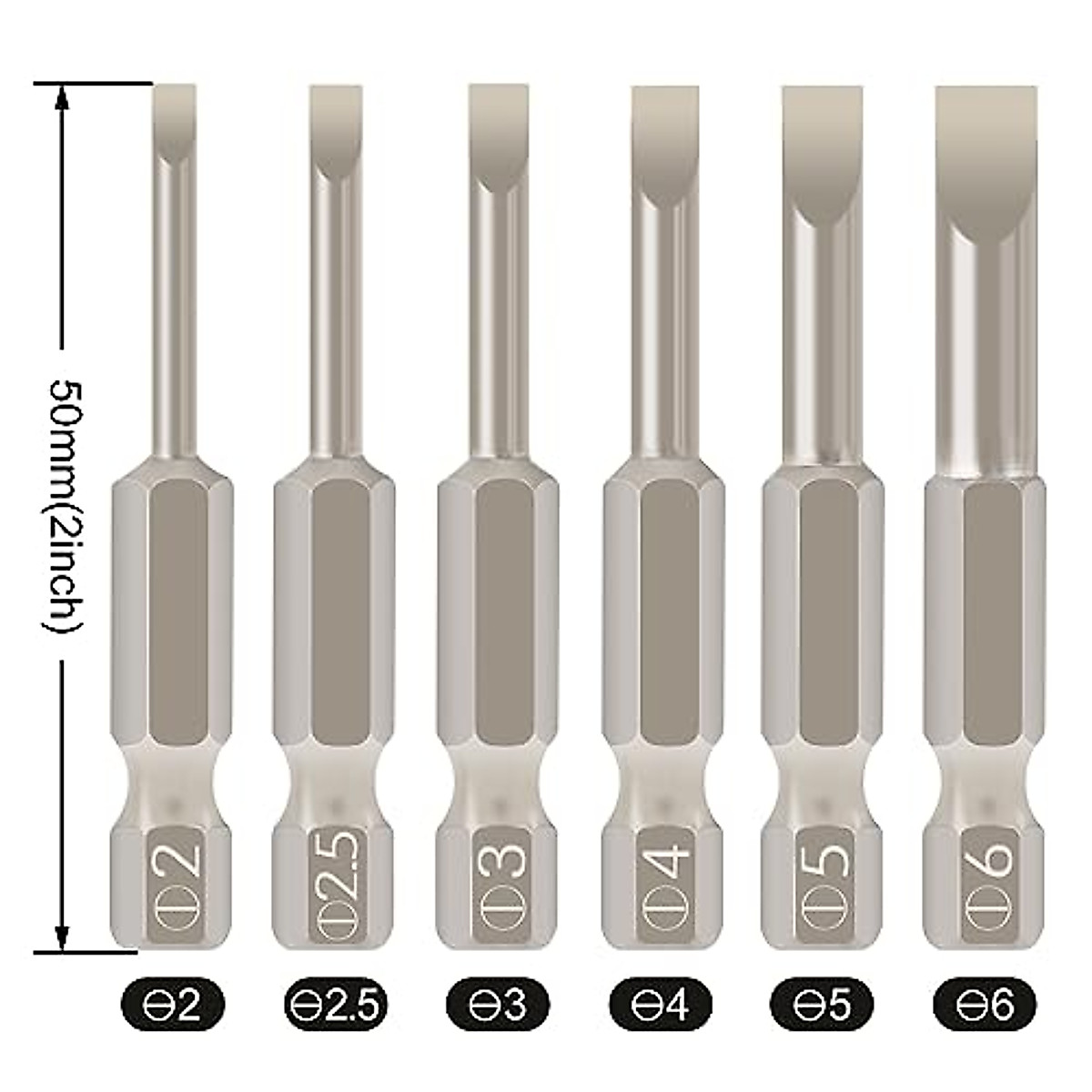 6 Pcs Slotted Screwdriver Bit Set Magnetic Flat Head Bits 2.0-6.0mm 1/4 Inch Hex Shank 2 Inch Long
