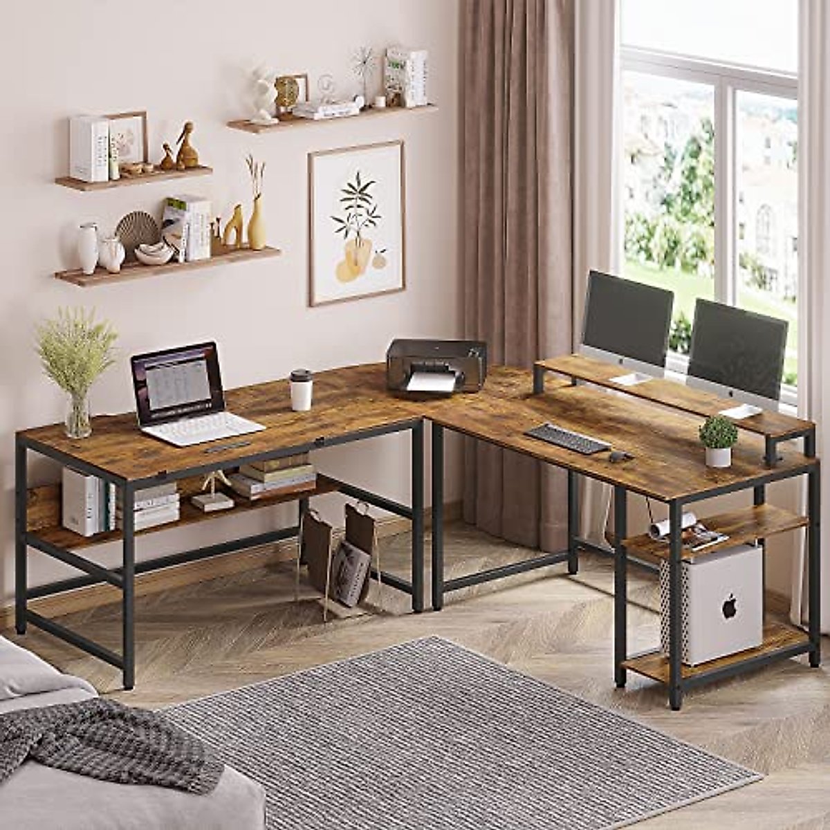 SEDETA L Shaped Desk, 68.9 inches Corner Computer Desk with Monitor Stand Riser, Drafting Drawing Table with Tiltable Desktop, Workstation Study Writing Table Art Desk for Home Office, Rustic Brown