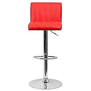 Contemporary Bar Stool Vertical Line Design Hydraulic Adjustable Height 360-Degree Swivel Seat Sturdy Steel Frame Chrome Base Dining Chair Bar Pub Stool Home Office Furniture - Set of 2 Red #1983