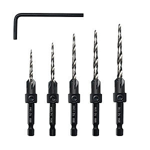 AIMLENTOOL Countersink Drill Bit Set, 5PCS Tapered Drill Bits, M2 Countersink Set with 1/4" Hex Shank Quick Change and 1 Allen Wrench for Woodworking, Pilot Screw Hole Set for Soft & Hard Wood