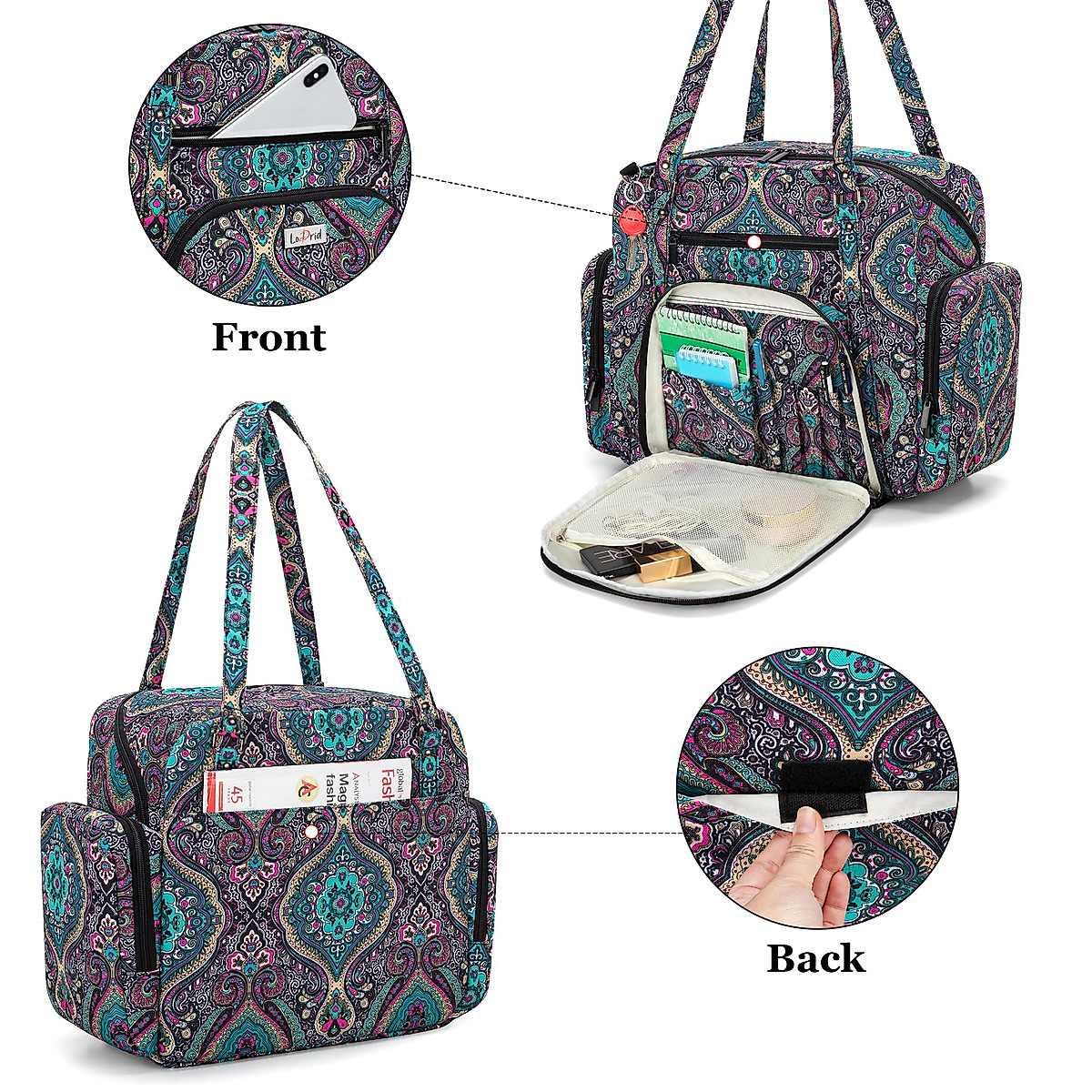 LoDrid Teacher Tote Bag with Padded Bottom, Teacher Utility Bag for Work, Large Women Work Tote Bag with Zip-Top Closure, 15.6" Laptop Layer, Multi-pockets for Teacher Supplies, Totem, Bag Only