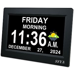 [Newest Version] 7 Inch Day Clock - 12 Alarm Options, Level 5 Auto Dimmable Display,Extra Large Impaired Vision Digital Clock with Non-Abbreviated Day & Month Alarm Clock (7 inch)