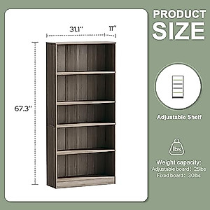 VICLLAX 5-Shelf Wood Bookcase, Wide Adjustable Open Bookshelf, Tall Display Storage Shelf for Living Room, Bedroom, Kids Room, Office, Grey