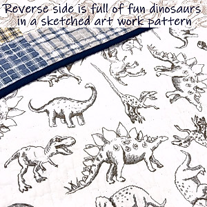 Cozy Line Home Fashions Benjamin Cute Dinosaur Plaid Navy Blue White Grey Bedding Quilt Set 100% Cotton Reversible Coverlet Bedspread Set for Kids Boy(Twin - 2 Piece)