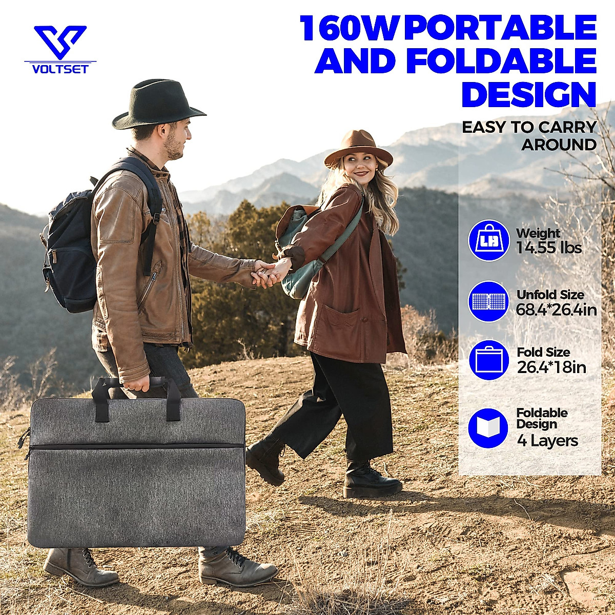 Voltset 160W Portable Solar Panels, Foldable Solar Panel Charger of ETFE 23.5% High Efficiency with Adjustable Kickstand, Waterproof IP68 for Mobile Power Station RV Camping Off Grid